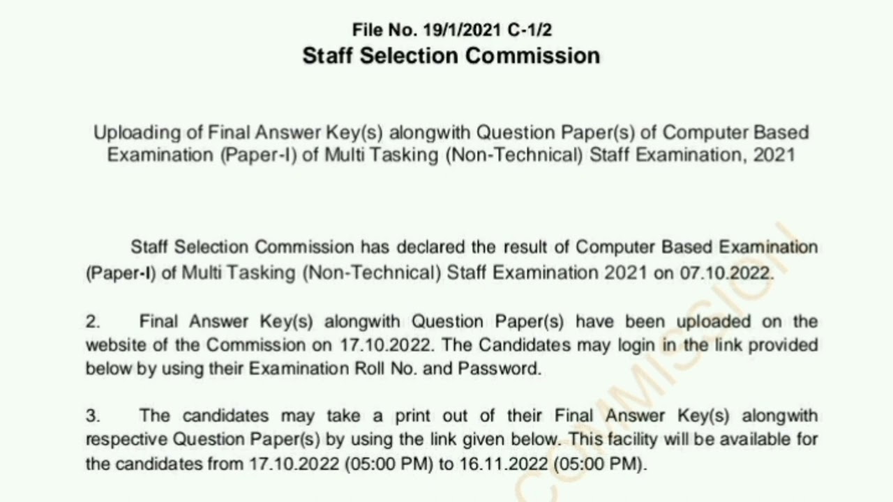 SSC MTS 2021 Final answer key @SSCNews