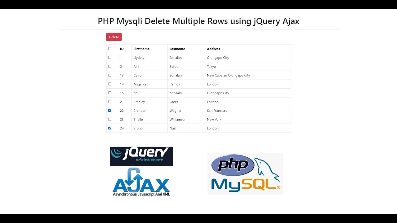 PHP Mysqli Delete Multiple Rows using jQuery Ajax
