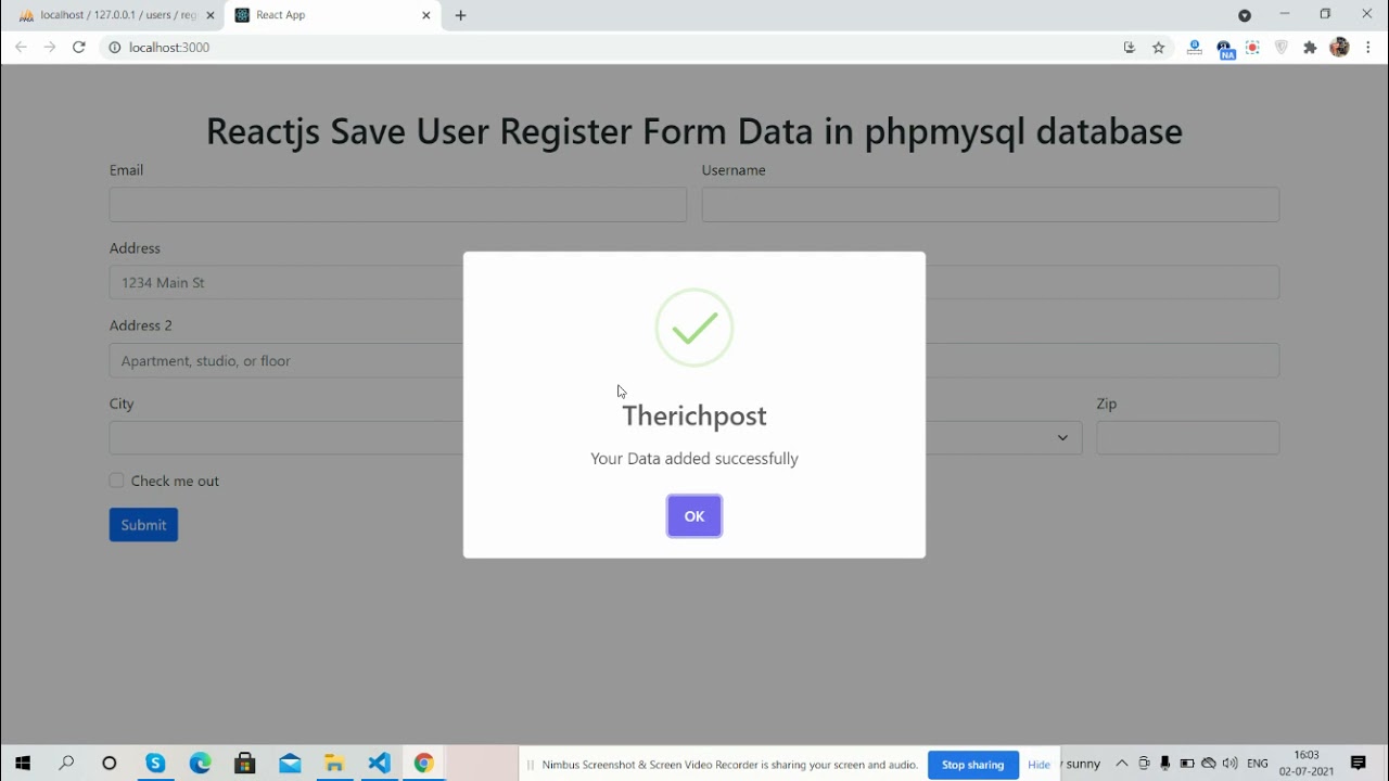 Reactjs Save Register Form Data into PHP MySQL Database