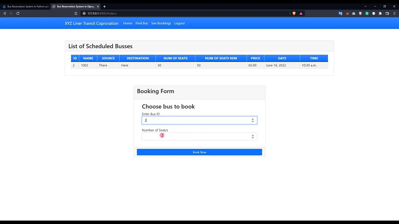 Bus Reservation System in Python using Django Framework DEMO