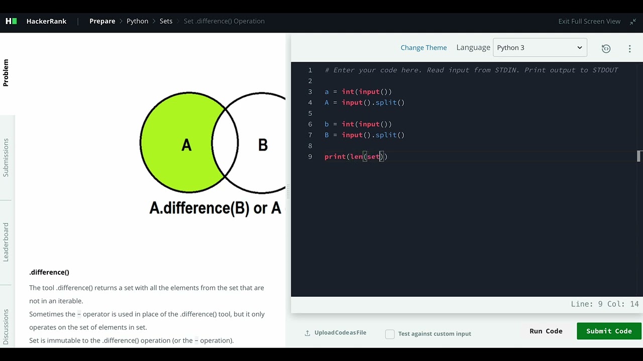 Hackerrank Python Solution #8 Sets - Python: Set.difference() Operation