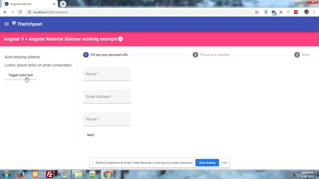 Angular 9 + Angular Material Sidenav live working example