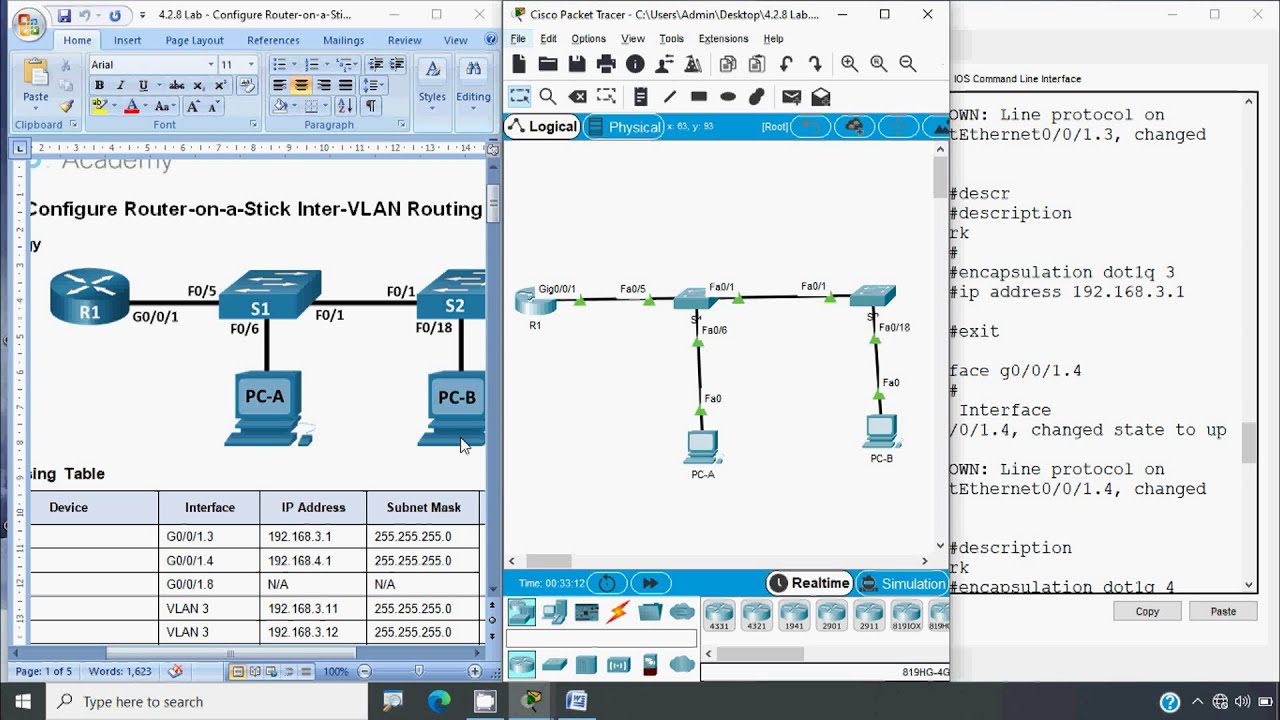 4.2.8 Lab - Configure Router on a Stick Inter VLAN Routing