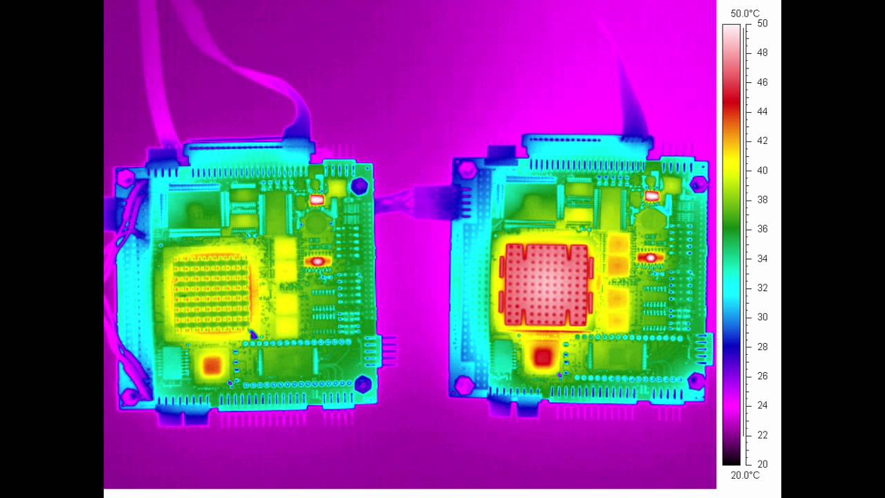 Reliant Labs Infrared Thermal Scan on Motherboard - Leaded on Left vs. RoHS on Right.
