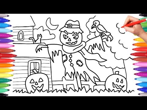 Halloween Coloring Pages, How to Draw a Halloween Scarecrow, Pumpkin, Trick or Treat For Kids