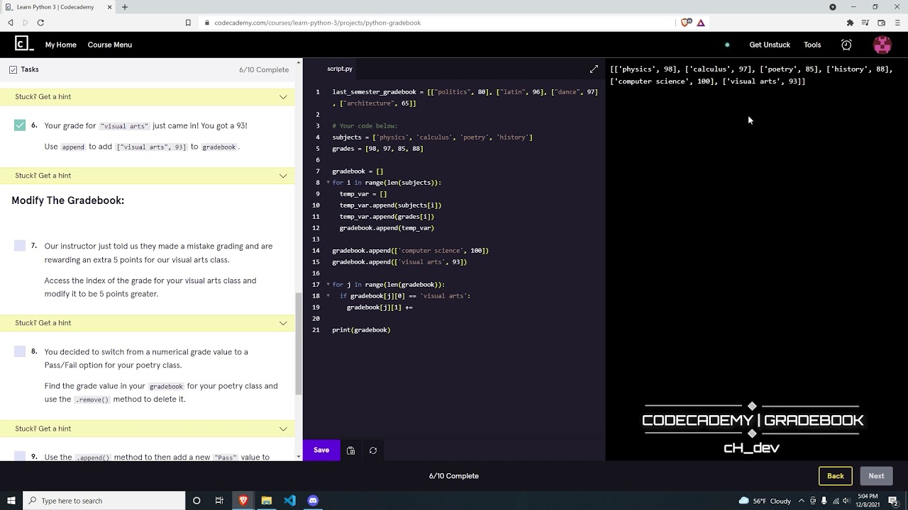 Codecademy | Python 3 | Gradebook - Using For Loops