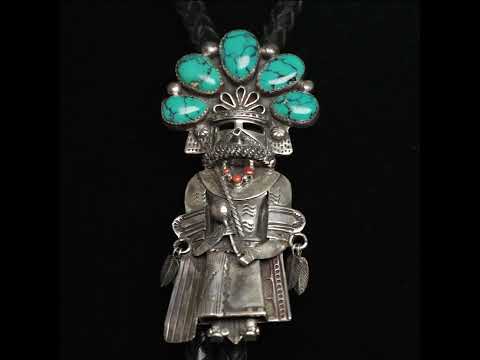 Amazing! Navajo Kachina Sterling Silver & Turquoise Bolo Tie
