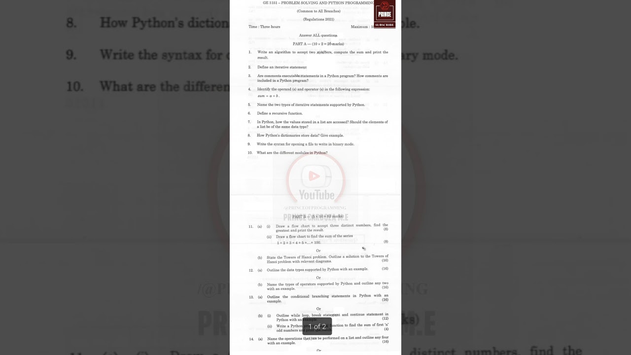 GE3151 PROBLEM SOLVING AND PYTHON PROGRAMMING | ANNA UNIVERSITY QUESTION PAPER JAN 2022 #python