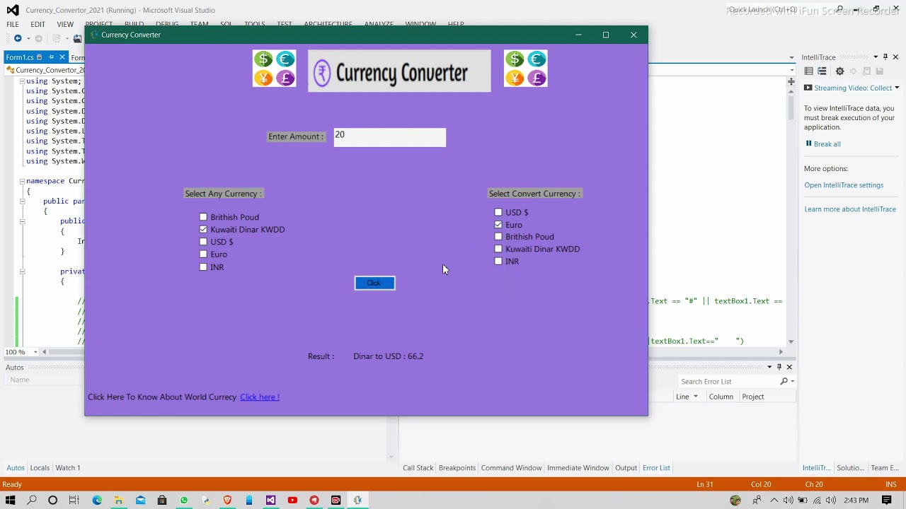 Currency Converter a mini project using C# .Net (Windows Form Application)