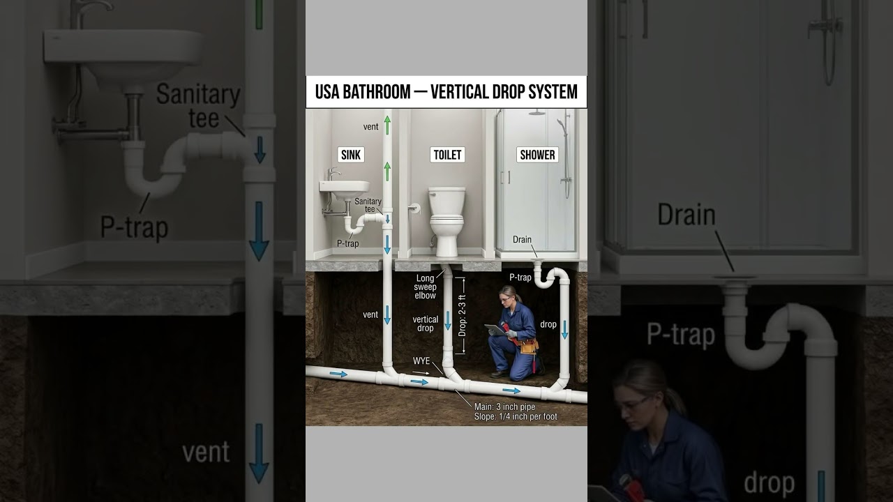 USA BATHROOM - VERTICAL DROP SYSTEM #shorts #civilengineering065 #viral