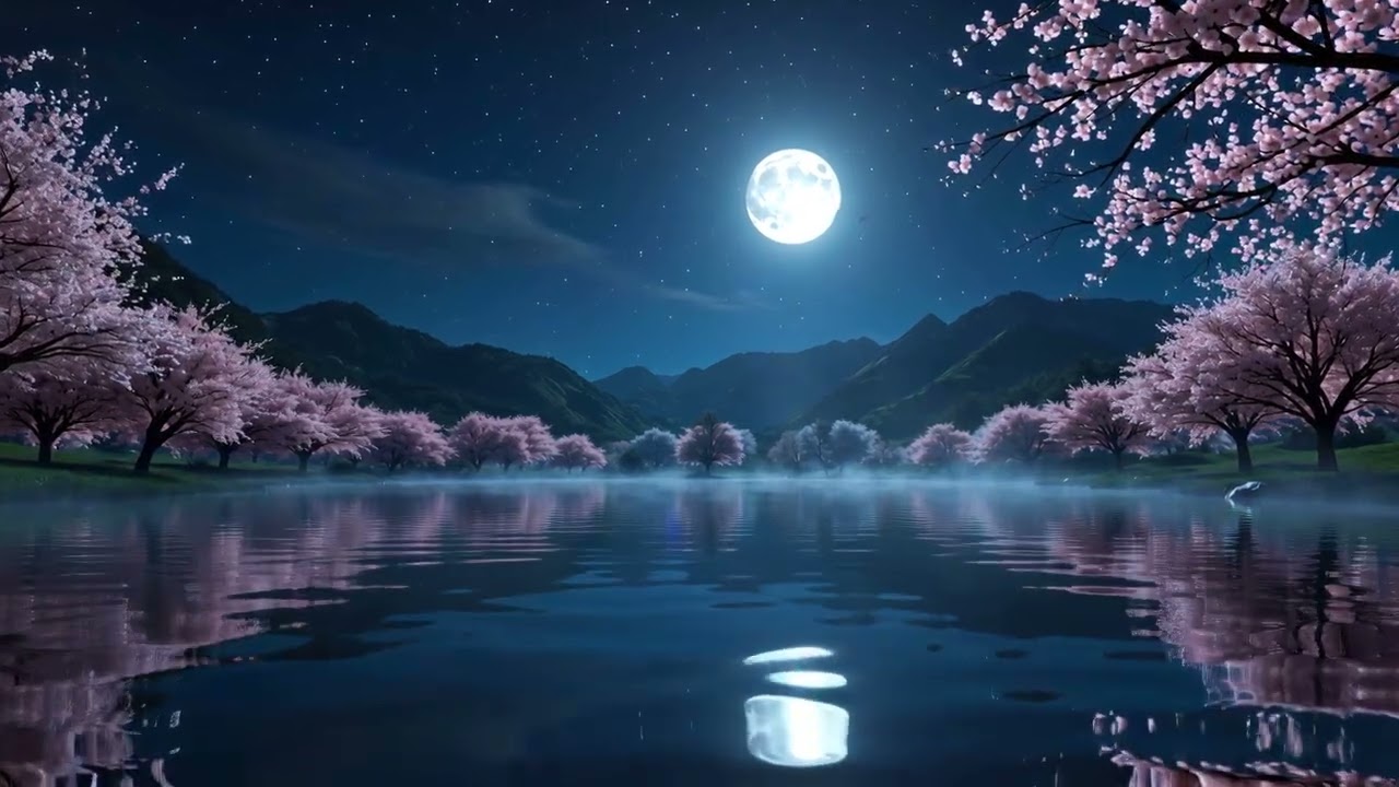 Night Sakura Lake Reflection 🌙🌸 Calm Anime Loop | Live Wallpaper #AnimeNature #LiveWallpaper