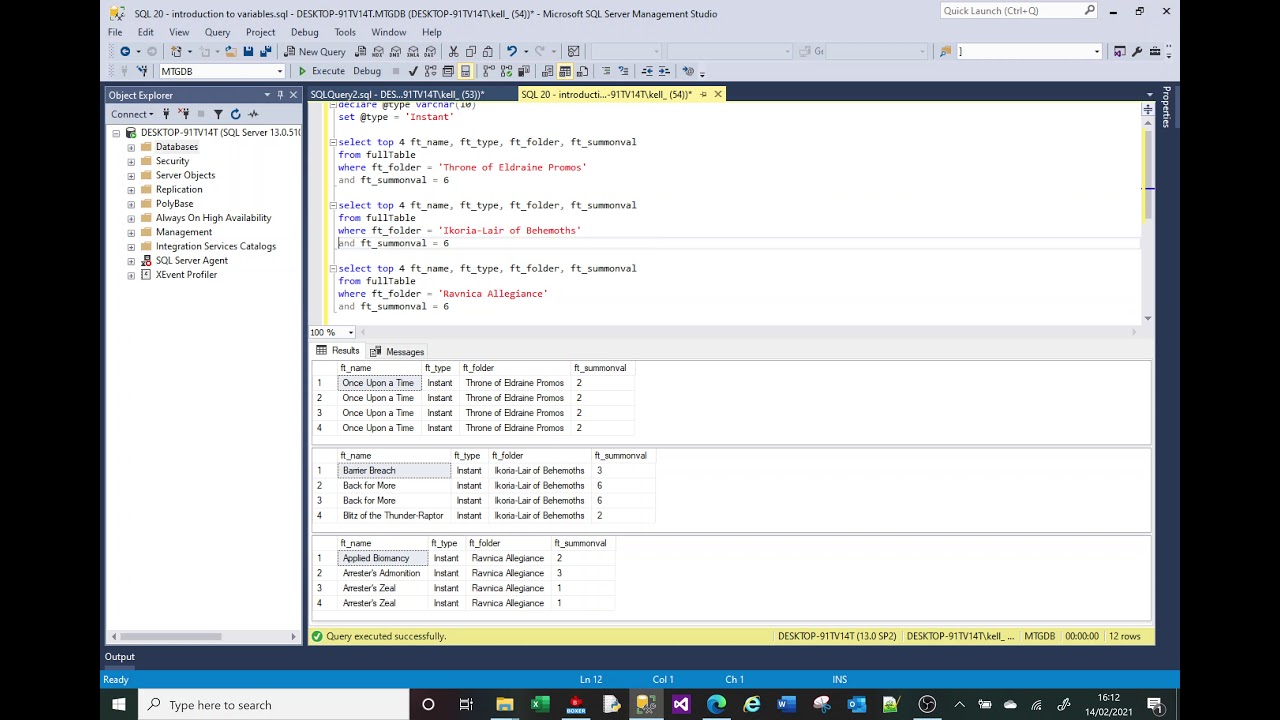 MS SQL covering an introduction to variables. Create and use variables.