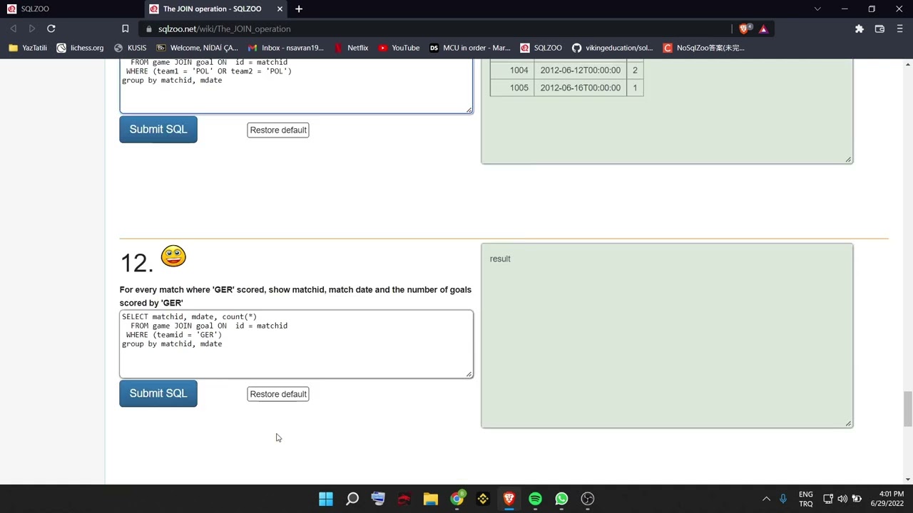 SQLZOO SQL tutorial Episode 6: Join part1