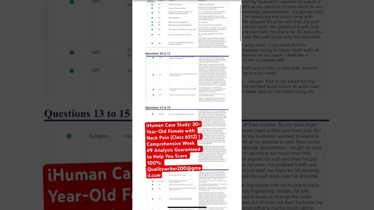 iHuman Case Study:30-Year-Old Female with Neck Pain (Class 6512) |Week #9 for Walden University 2025