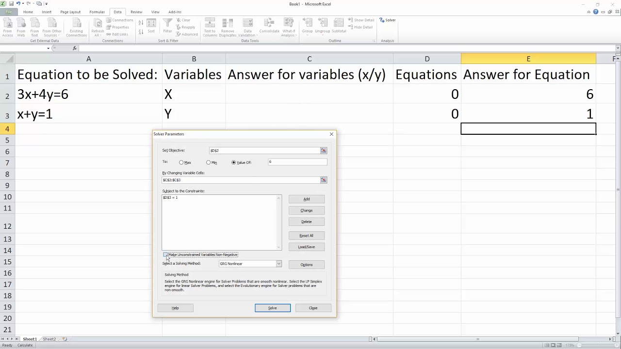 Using Solver Tool in Excel inequalities