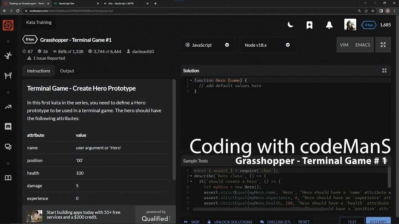 Codewars 8 kyu Grasshopper - Terminal Game #1 Javascript