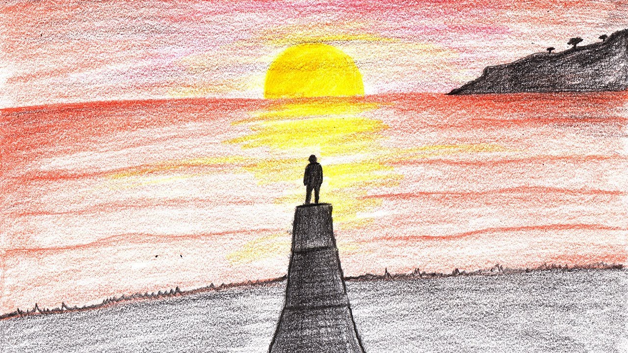 How to Draw a Sunset Scenery - Step by Step