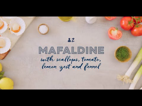 Mafaldine with scallops, tomato, lemon zest and fennel