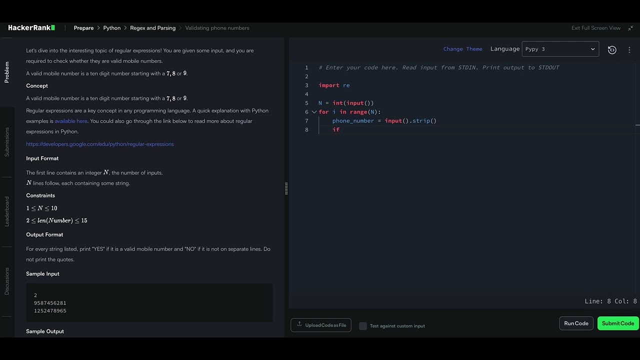 Hackerrank Python Solution #8 Regex and Parsing - Validating Phone Numbers