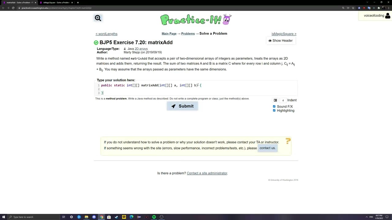 Exercise 7.20 (matrixAdd) Java Tutorial || Practice-It
