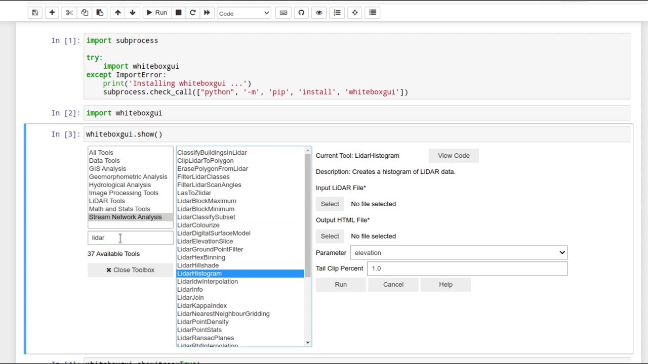 Introducing the whiteboxgui Python package, a Jupyter frontend for WhiteboxTools with 447 tools