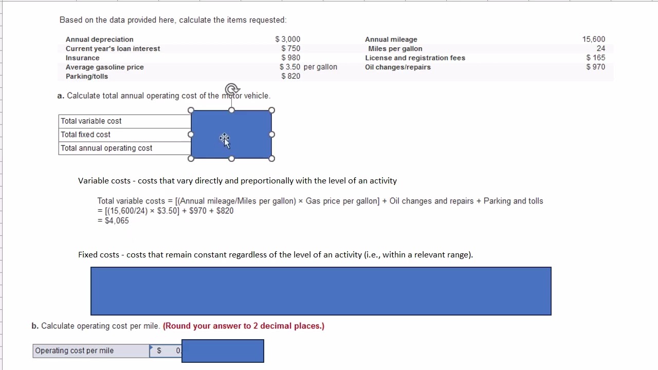 Calculating variable costs, fixed costs and cost per activity