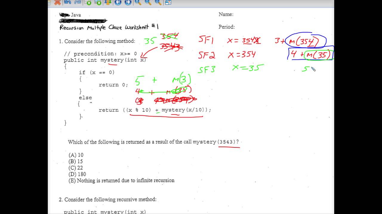 Java Recursion Multiple Choice Worksheet 1
