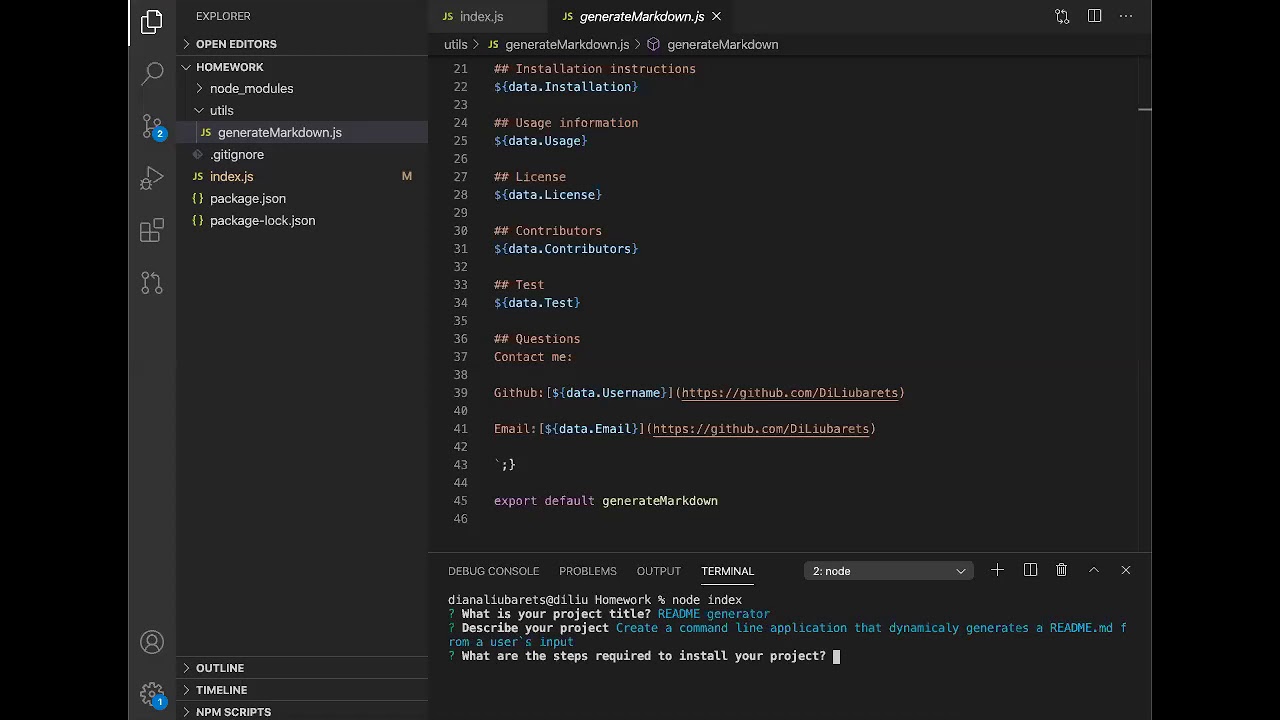 Node.js and ES6+ Homework: Good README Generator