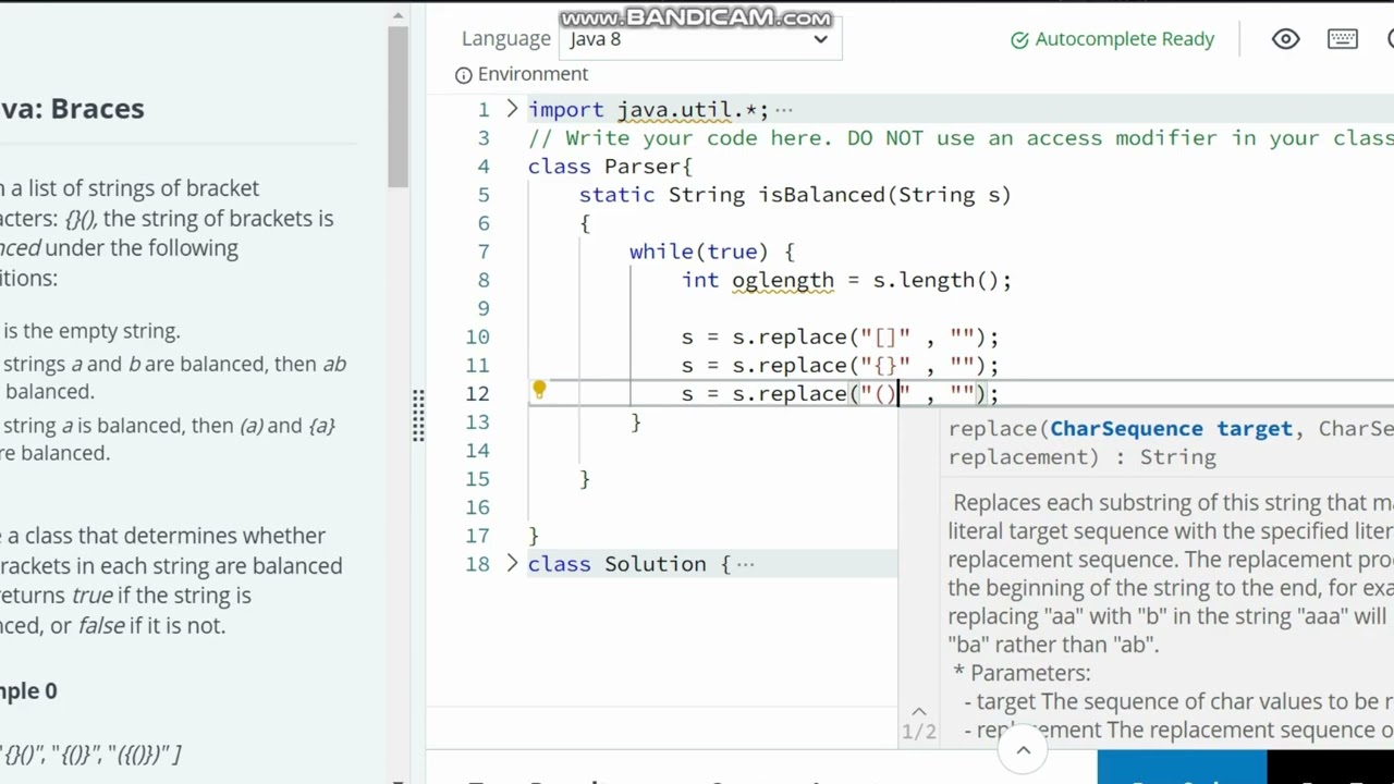 HackerRank Java Basic Certification problem: 'Brace'