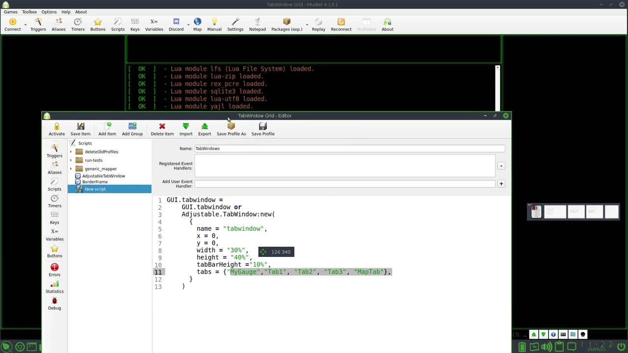 Mudlet Container Grid + Adjustable Tabwindow example