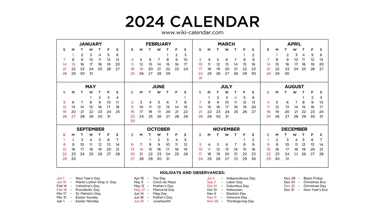 Free Year 2024 Calendar Printable with Holidays - Wiki Calendar