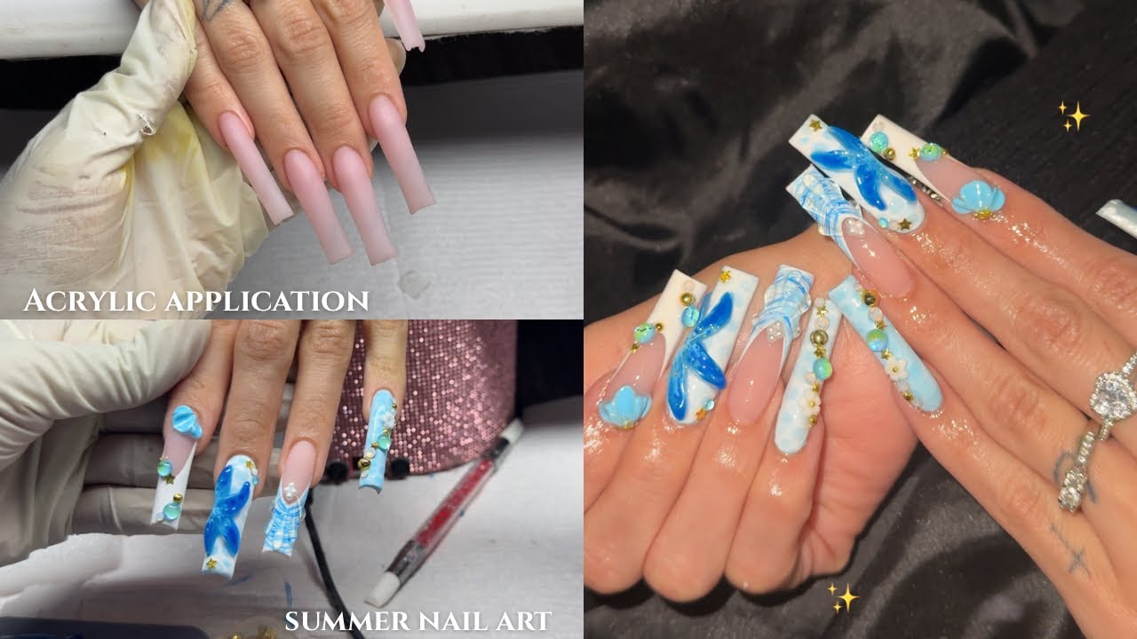 Beach babe nails 🩵 | Watch me work + acrylic application | Summer nail art🩵