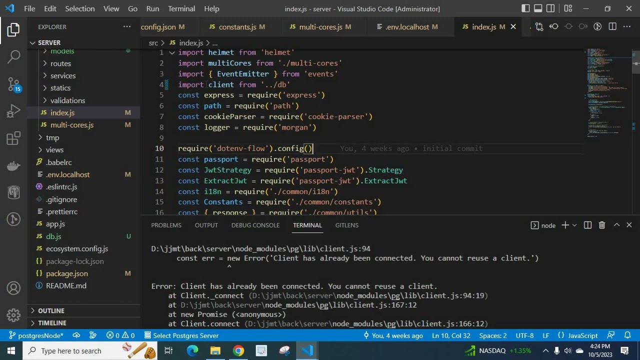Error: Client has already been connected. You cannot reuse a client. postgresql fixed with example