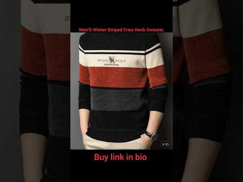 Men'S Winter Striped Crew Neck Sweater, Thickened Polyester, Casual Round Neck, Regular Fit