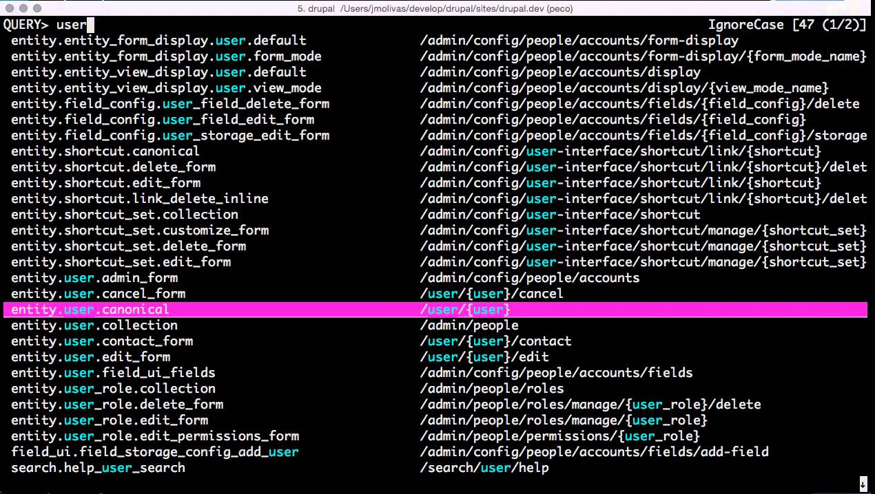 Drupal console router:debug + peco