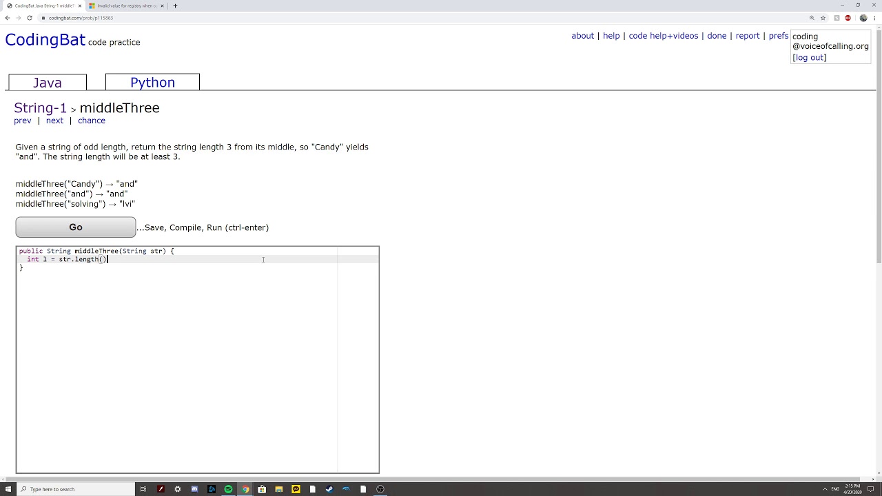 String-1 (middleThree) Java Tutorial || Codingbat.com