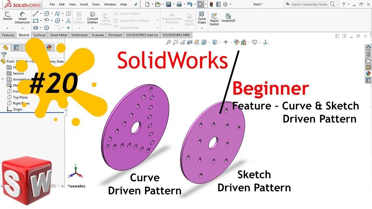 SolidWorks | 20 | Beginner | Curve Driven Pattern | Sketch Driven Pattern