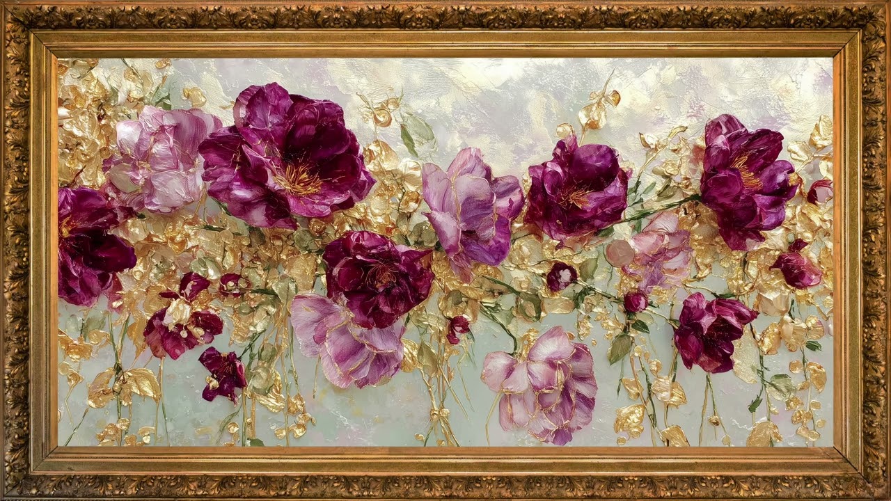 Pink and gold flowers  | Golden Frame TV Art 4K | Interactive gallery with music