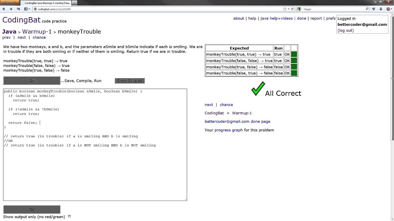 CodingBat - Java Warmup-1 Solution - monkeyTrouble