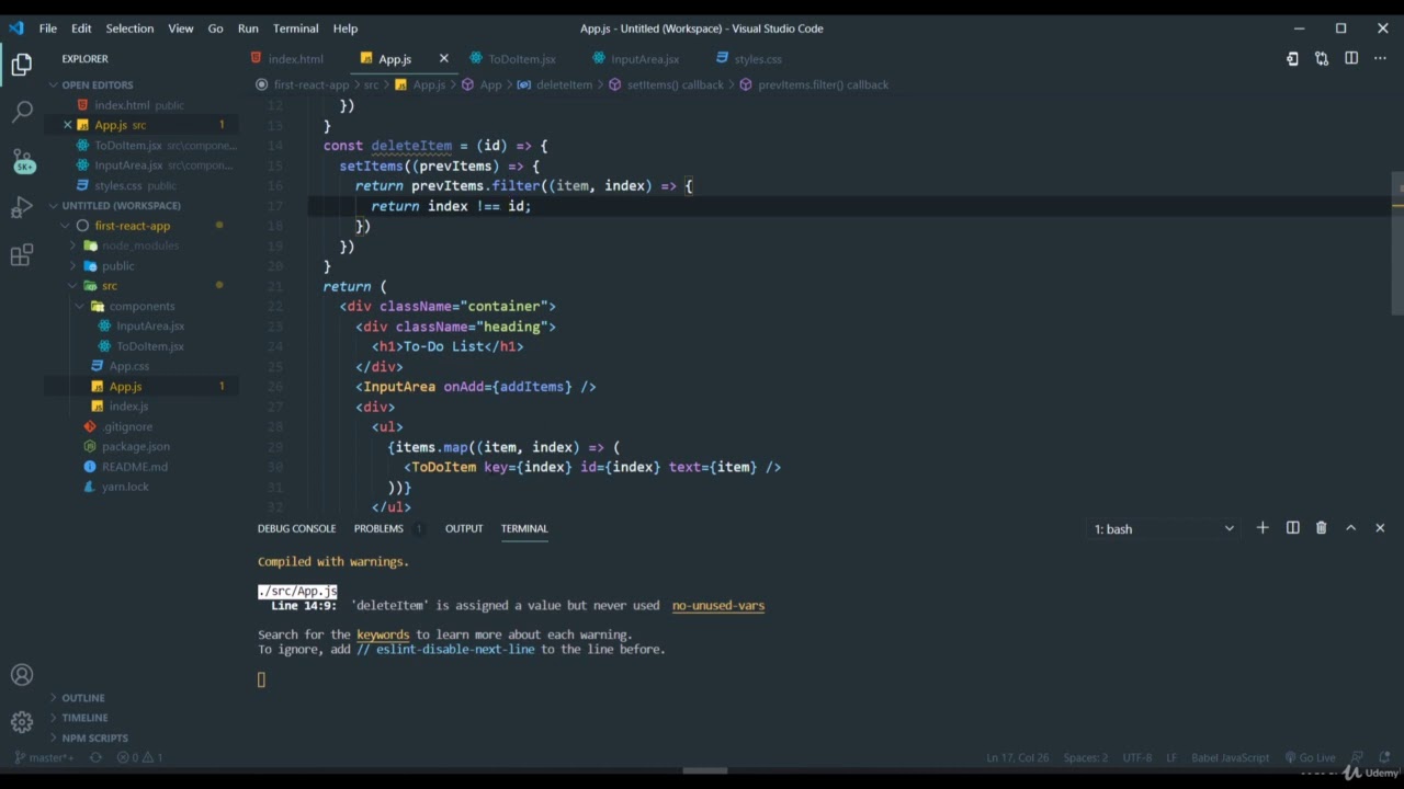 #20 -  How to delete an item from the list -  React Javascript Beginner's Course