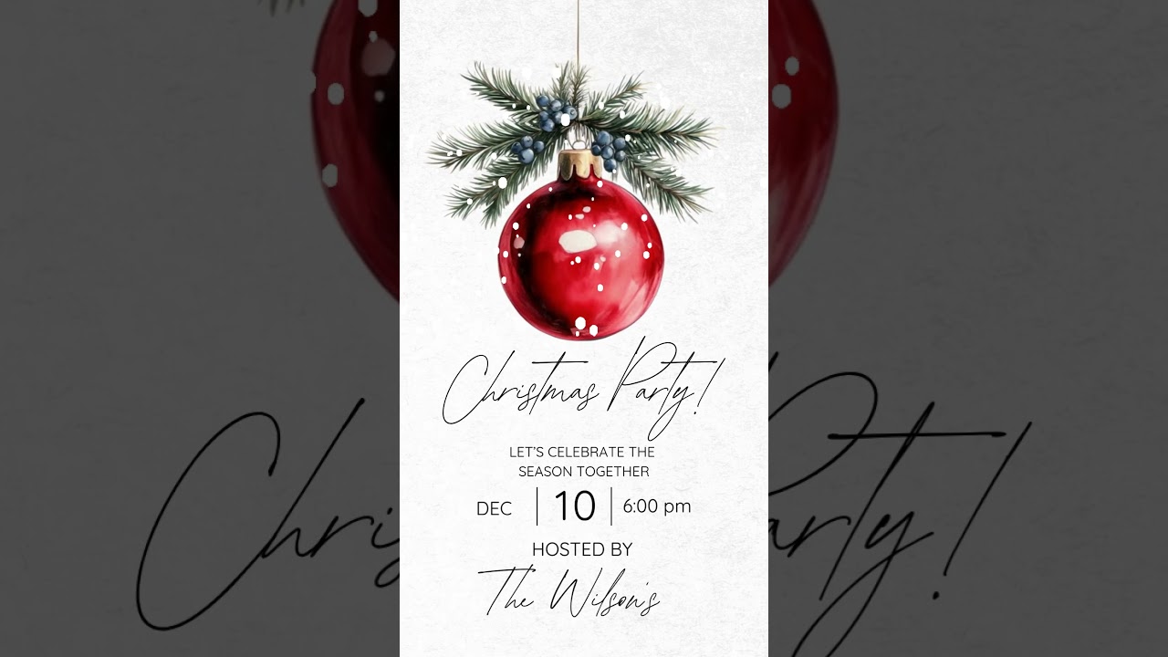 Snow Christmas Party Invitation: Minimalistic Holiday Party Invite DIY Animated Christmas Red Ball