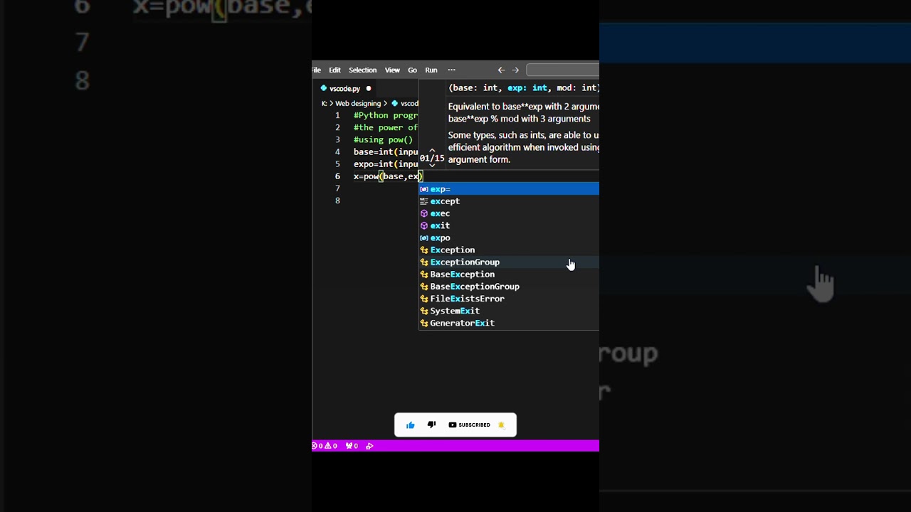 Python program to compute the power of a number using pow()function #python #coding #shorts
