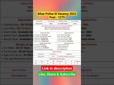 Bihar Police Sub Inspector Vacancy 2023 || Bihar Police SI Recruitment 2023 #shorts