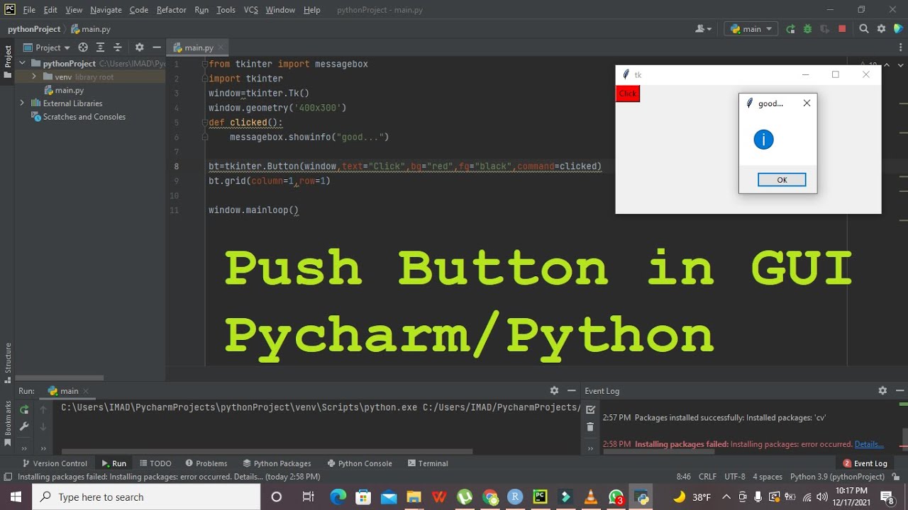 Push Button in Pycharm GUI | Push Button in Python GUI | Push Button using tkinter python