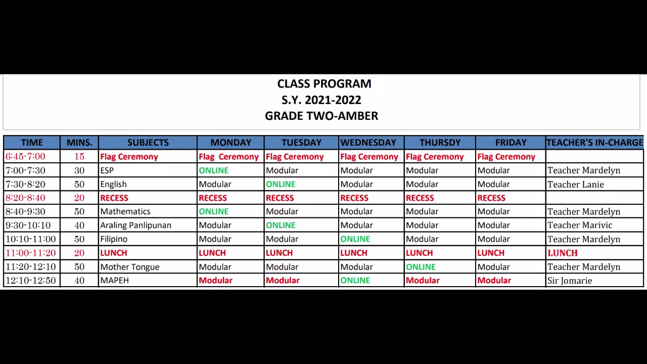 ELEMENTARY CLASS PROGRAM (2021-2022)