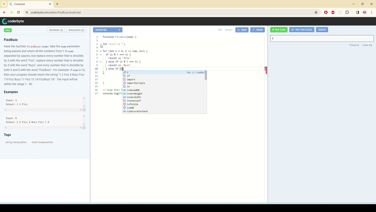 Coderbyte | FizzBuzz | Easy | Solution with JavaScript