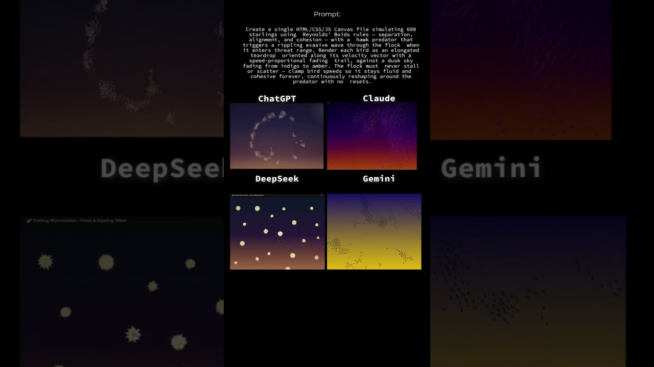 Boids Flocking Simulation with Predator (HTML/CSS/JS) - ChatGPT vs Gemini vs DeepSeek vs Claude