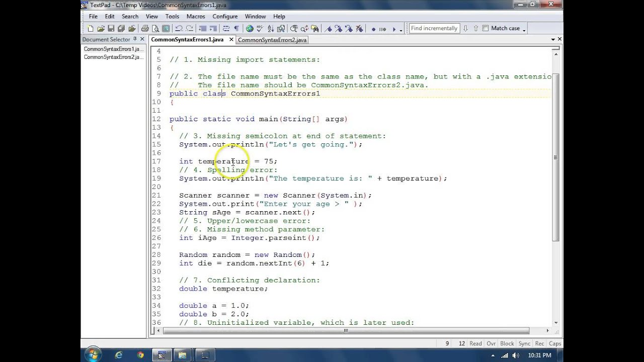 Java Common Syntax Errors using TextPad