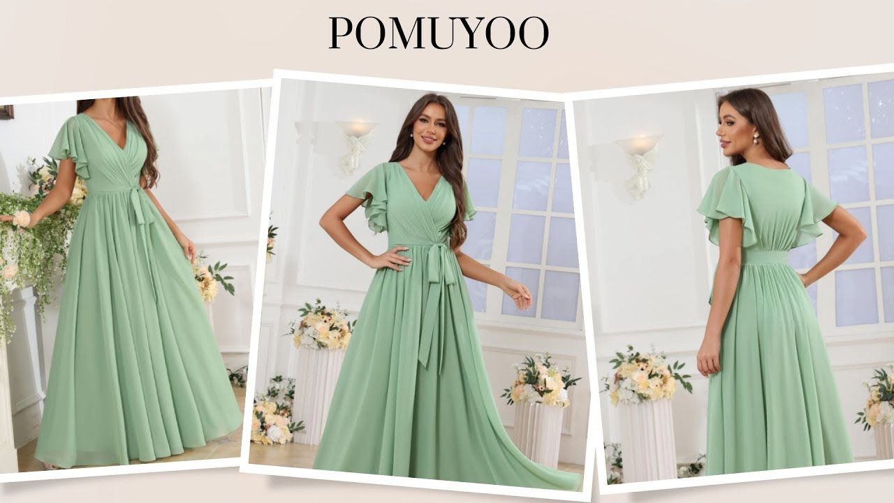 POMUYOO | Stylish V-Neck Pleated Floor Length Chiffon Bridesmaid Dresses