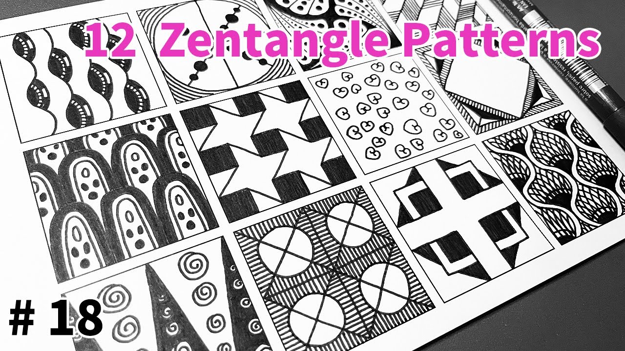 12 Zentangle Patterns Tutorial  Step by Step  for Beginners #18  |  12 Doodle Patterns
